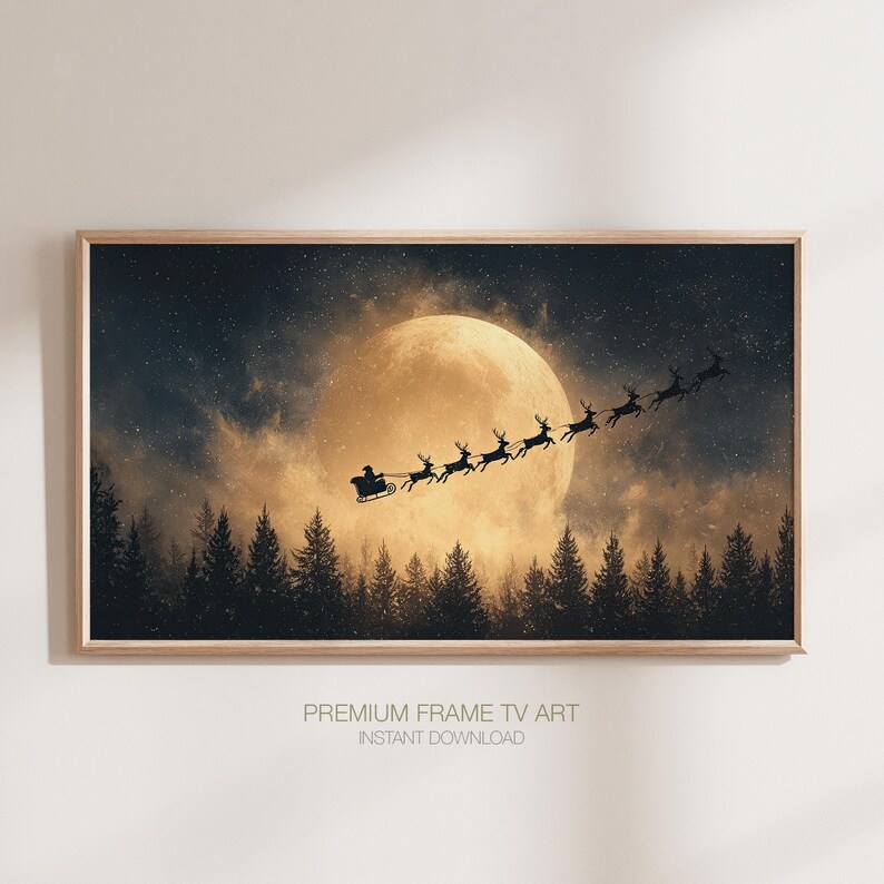 Santa and Reindeer Moonlit Flight Frame TV Art, Vintage Christmas Night ...