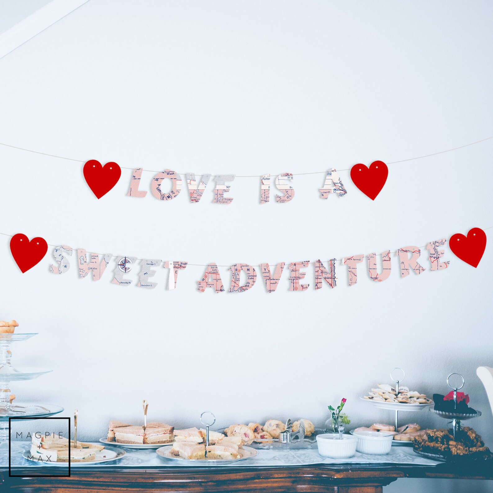 Valentines Banner, Love is A Sweet Adventure Banner, Pink Maps, Wedding ...