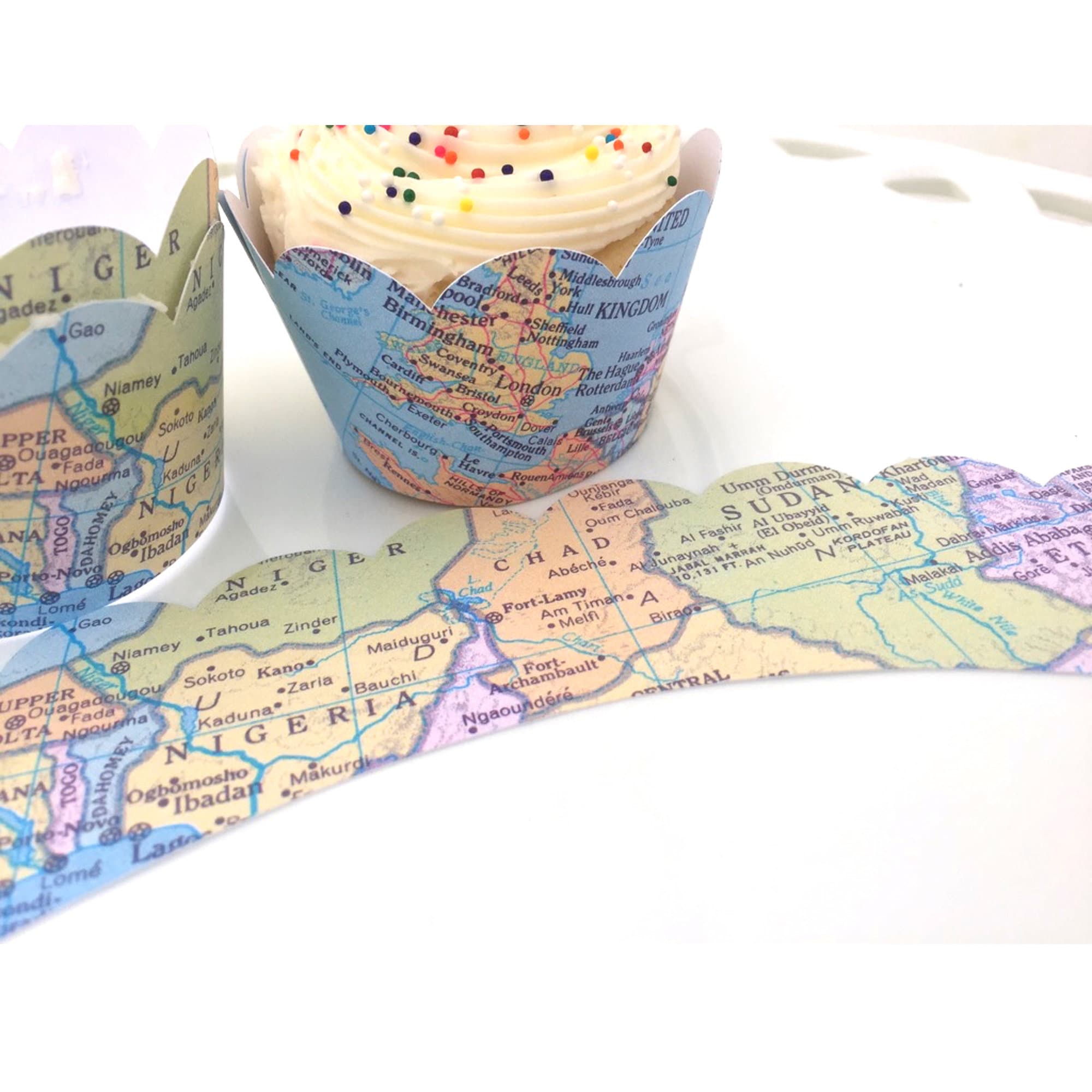 Map Cupcake Wraps, Pastel Map Paper Cupcake Wraps, Bon Voyage Party ...