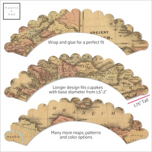 Cupcake Wraps, Map Paper Cupcake Wraps, Bon Voyage Party, Map Theme ...