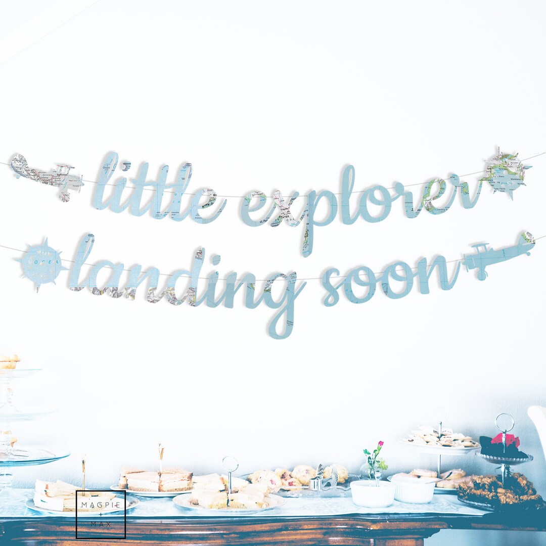 Little Explorer Landing Soon Banner, Light Blue Maps, Baby Shower ...