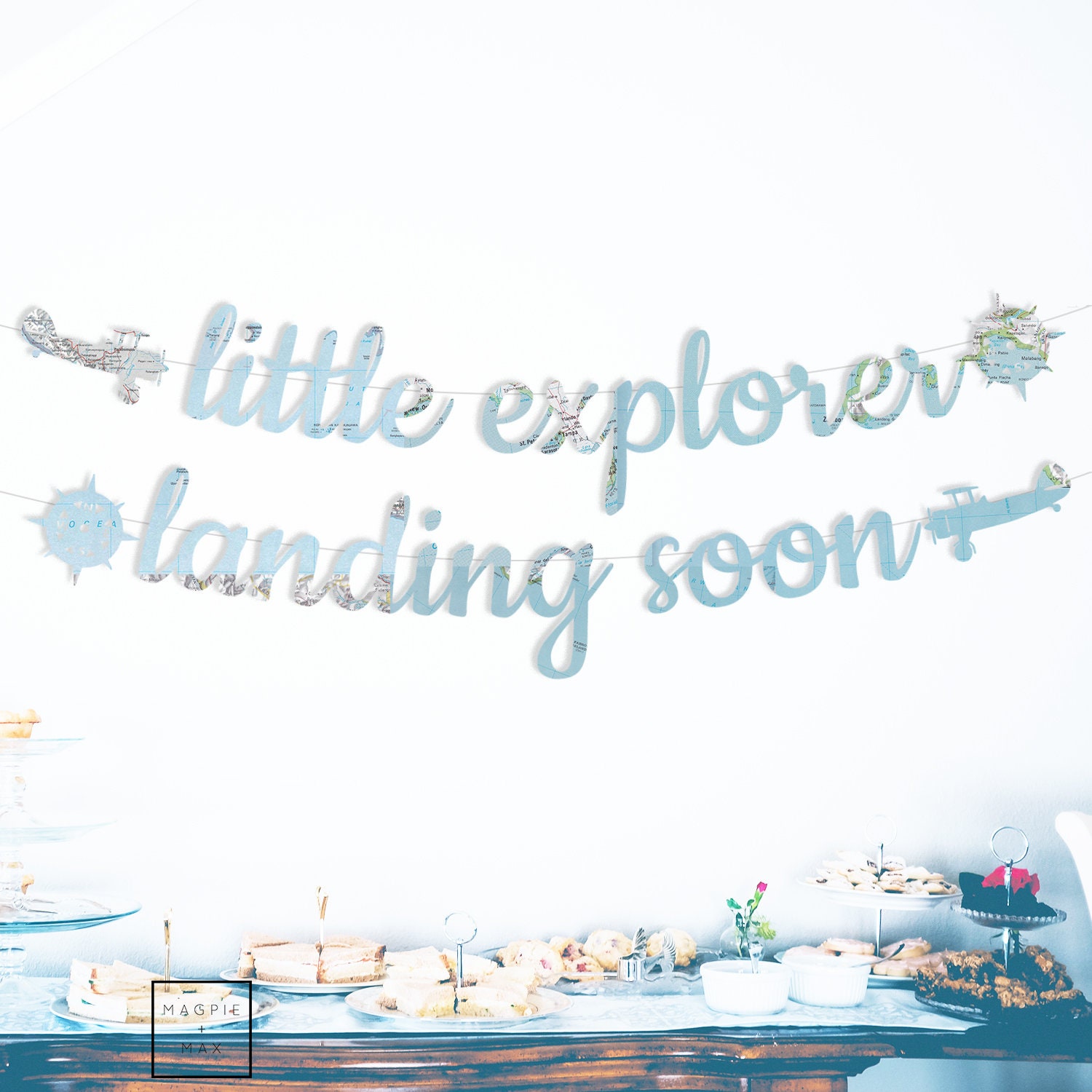 Little Explorer Landing Soon Banner, Light Blue Maps, Baby Shower ...