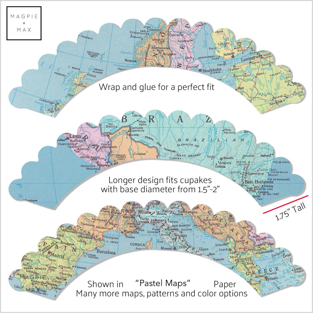 Map Cupcake Wraps, Pastel Map Paper Cupcake Wraps, Bon Voyage Party ...
