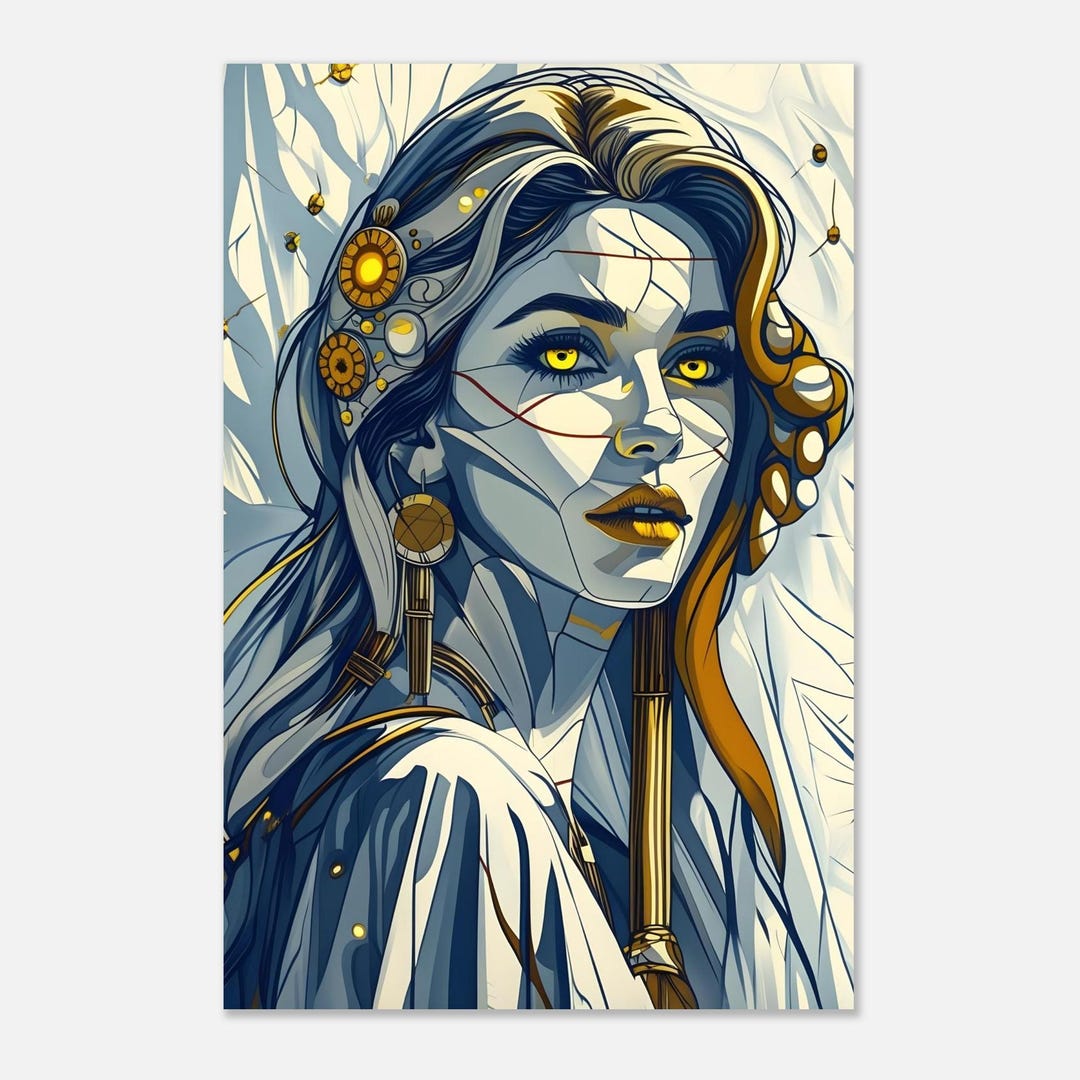 Golden Gear Crown Portrait Art Print | Flowing Hair Zen Wall Art - Etsy