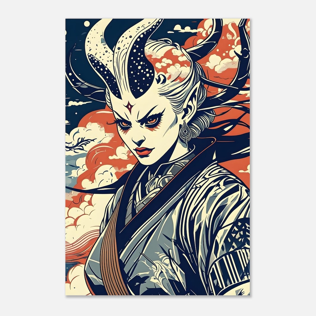 Elegant Demon Goddess Japanese Yokai Art Print | Female Oni Portrait ...