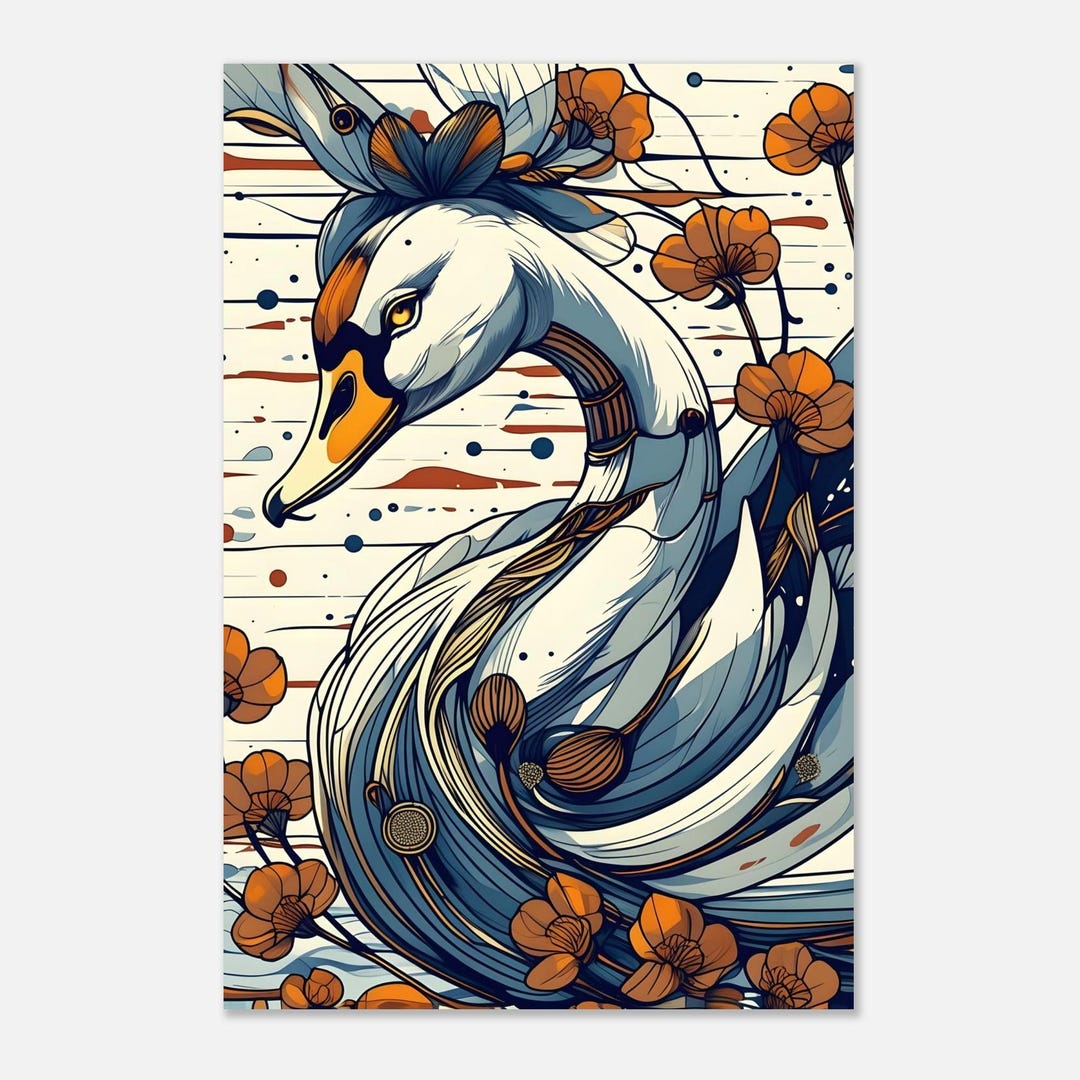 Art Nouveau Flowing Orange Swan Print | Navy Gold Florals Zen Wall Art ...