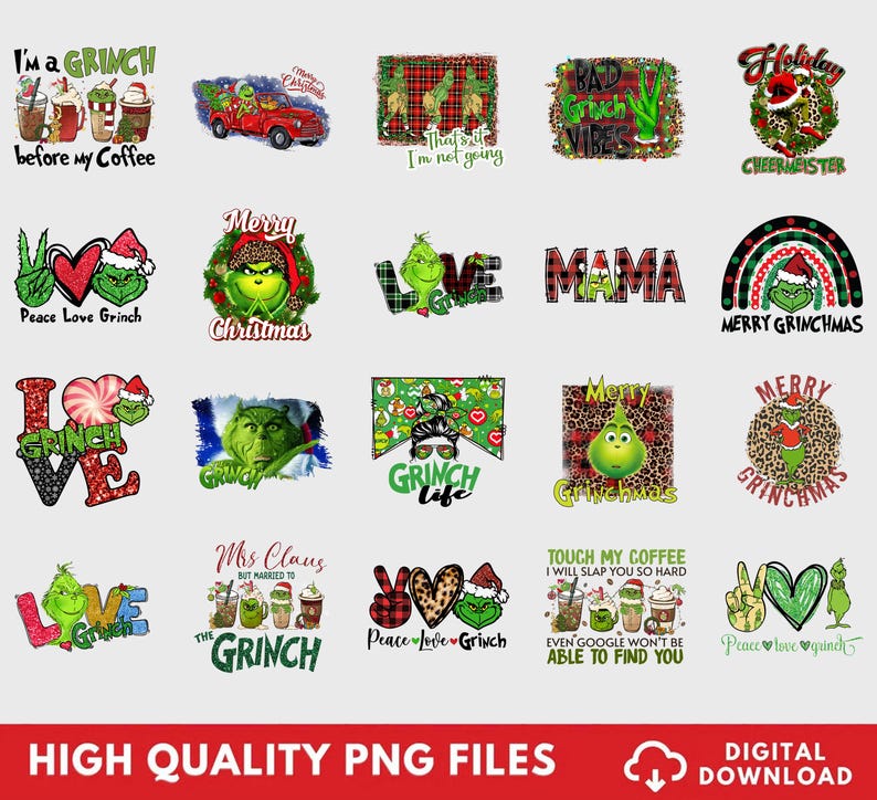 Funny Green Christmas Character PNG, Holiday Clipart Bundle, Grinchmas ...