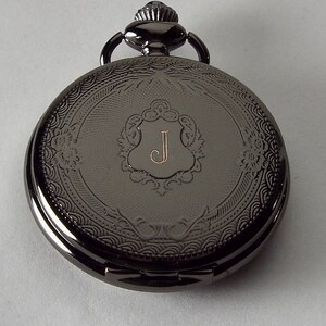 Personalized Pocket Watch Black Crest Cover Custom Engraved Quartz ...