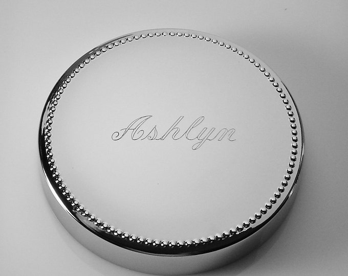 Custom Engraved Personalized Silver Round Jewelry Box With Beaded Trim ...