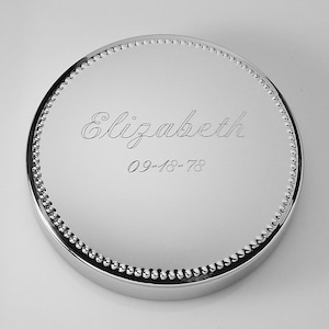 Custom Engraved Personalized Silver Round Jewelry Box With Beaded Trim ...