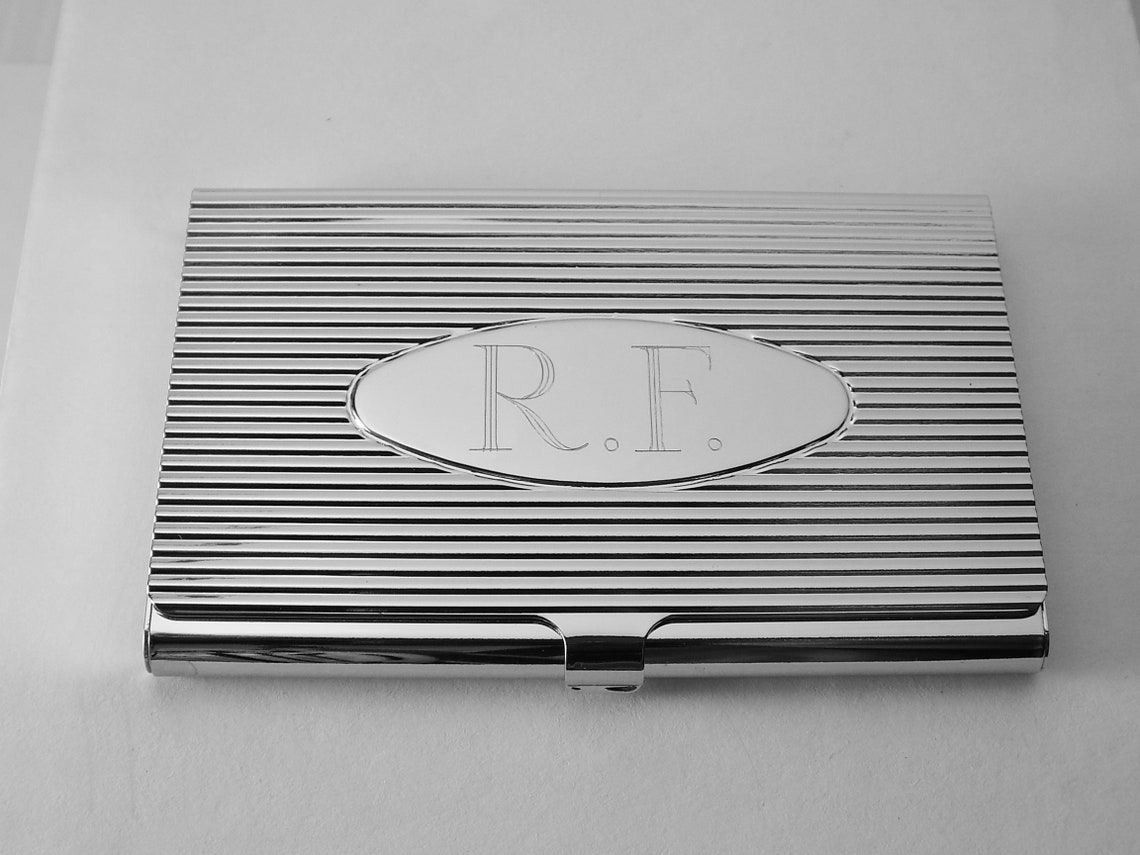 Custom Engraved Business Card Case Silver Ribbed Design With - Etsy