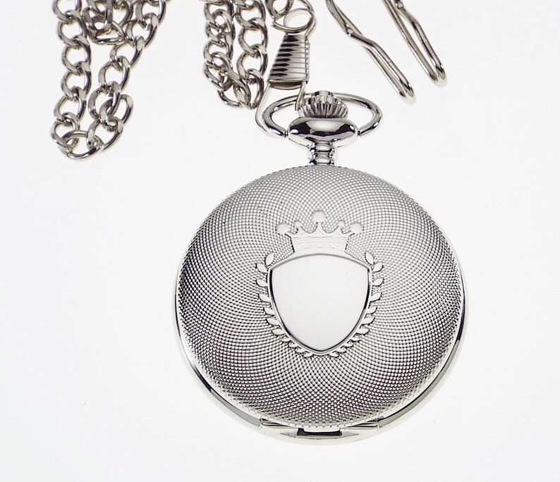 Personalized Pocket Watch Silver Crown Emblem Custom Engraved Quartz ...