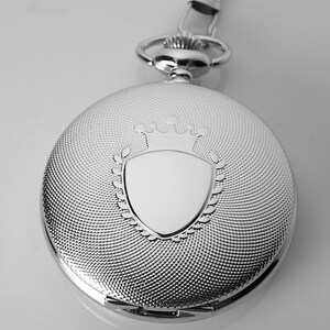 Personalized Pocket Watch Silver Crown Emblem Custom Engraved Quartz ...