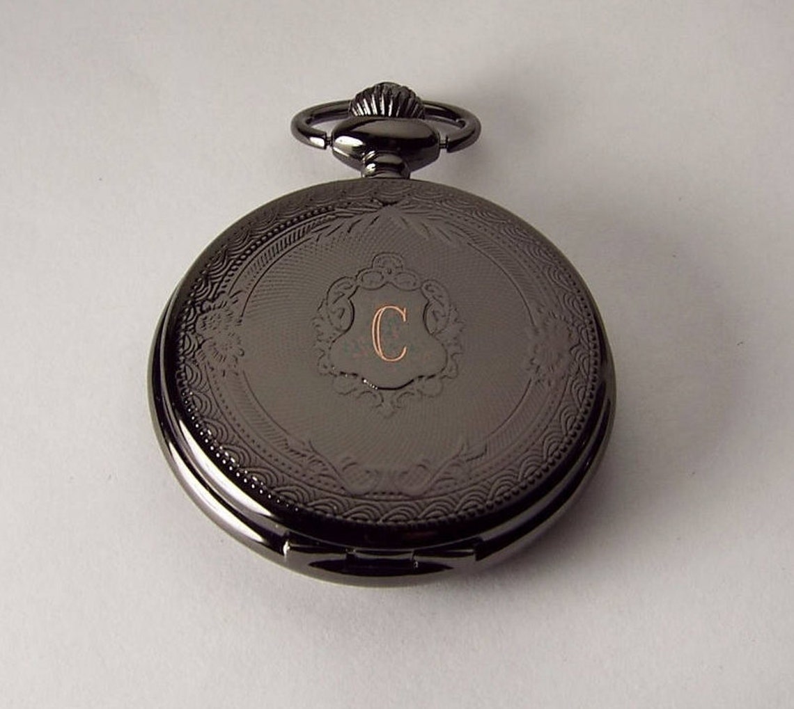 Personalized Pocket Watch Black Crest Cover Custom Engraved | Etsy