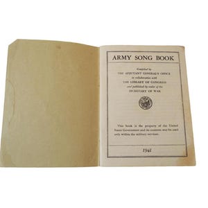 Vintage 1941 Army Songbook Paper Back, Printed by the United States War ...