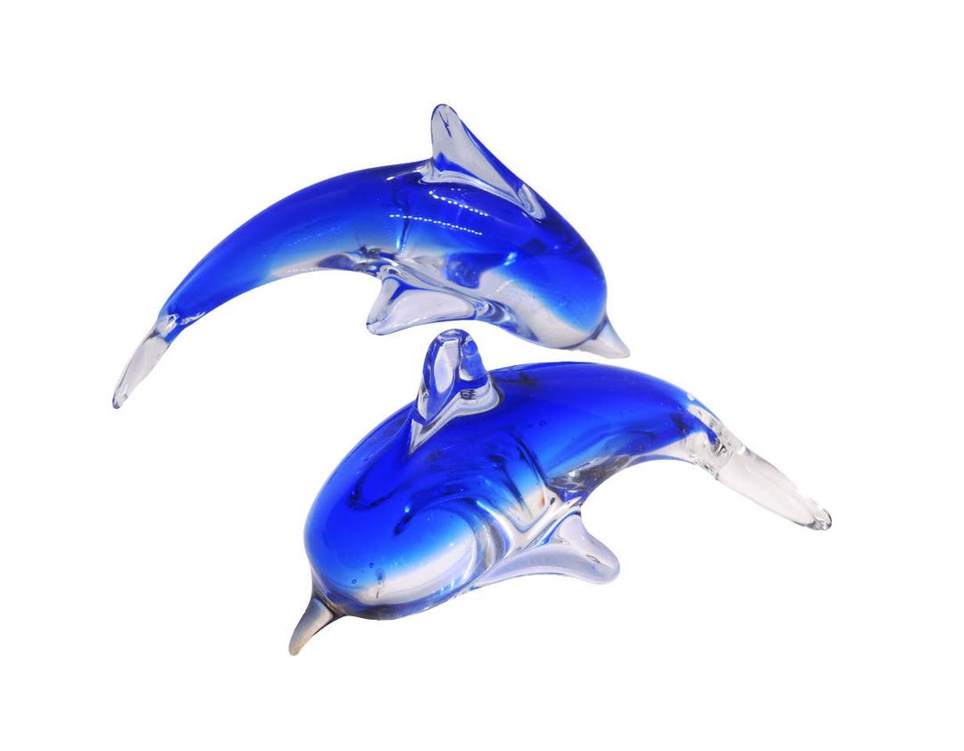 Vintage Pair of Hand Blown, Blue and Clear Glass Dolphin Paperweights ...