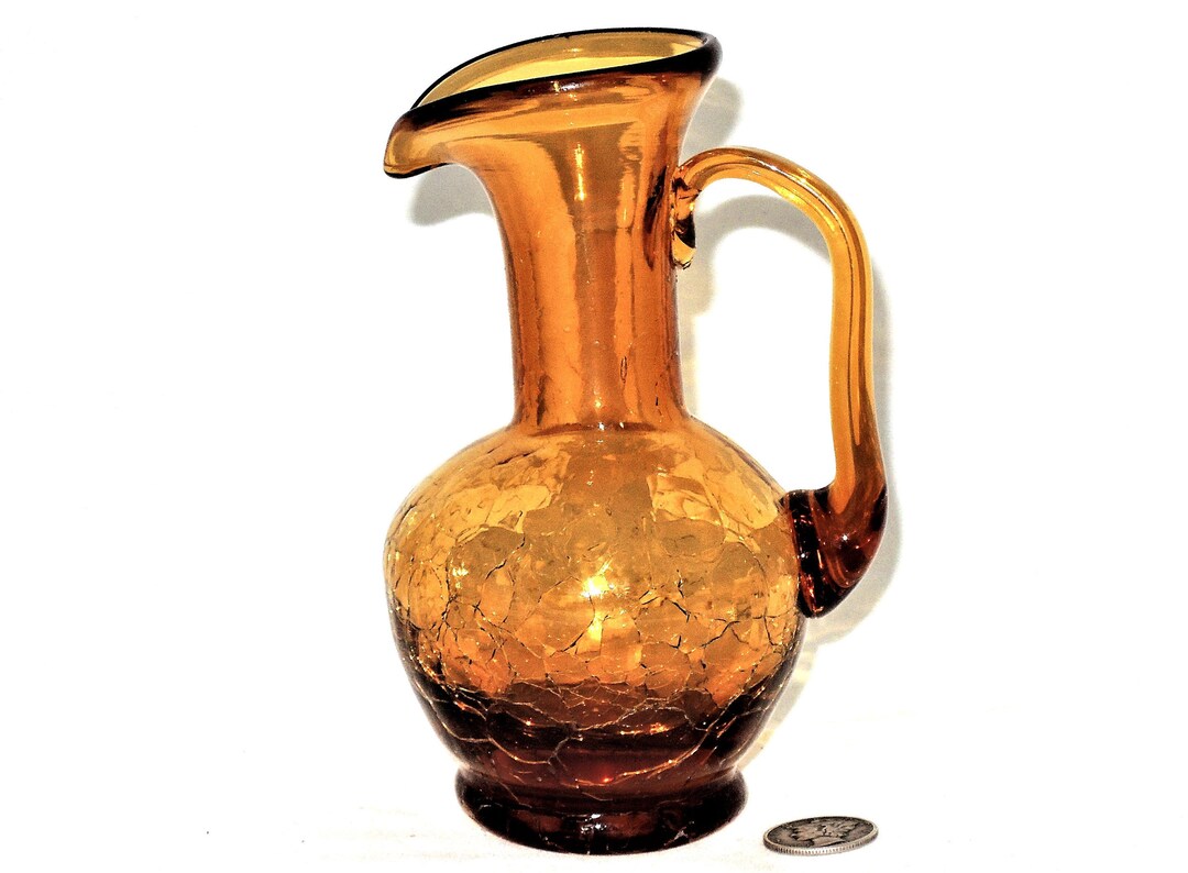 Vintage Mid Century Hand Blown Yellow Crackle Glass Pitcher With Handle ...