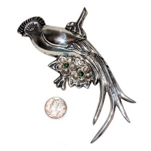 Vintage Large Quetzal Bird Silver Brooch With Malachite Beads, Stamped ...
