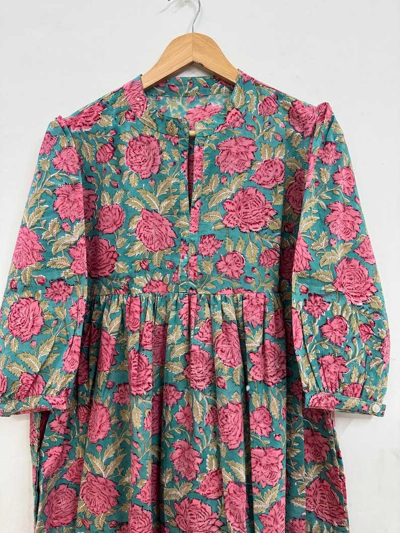 Buy Teal Floral Maxi Dress – Hand Block Print, 3/4 Sleeve Boho Dress ...