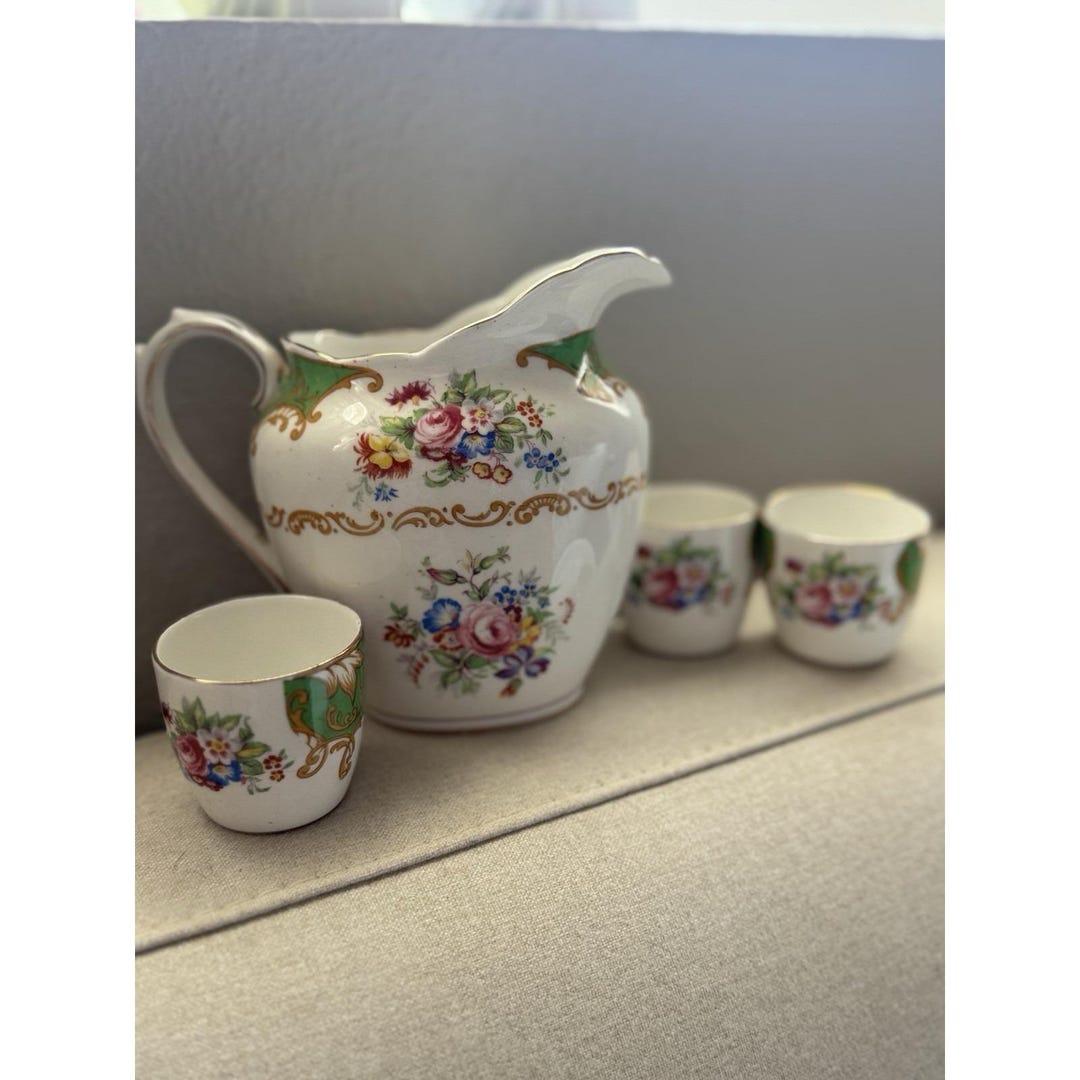 Royal Albert Albany Green Bone China Pitcher 3 Cup Set Floral Gold Trim ...