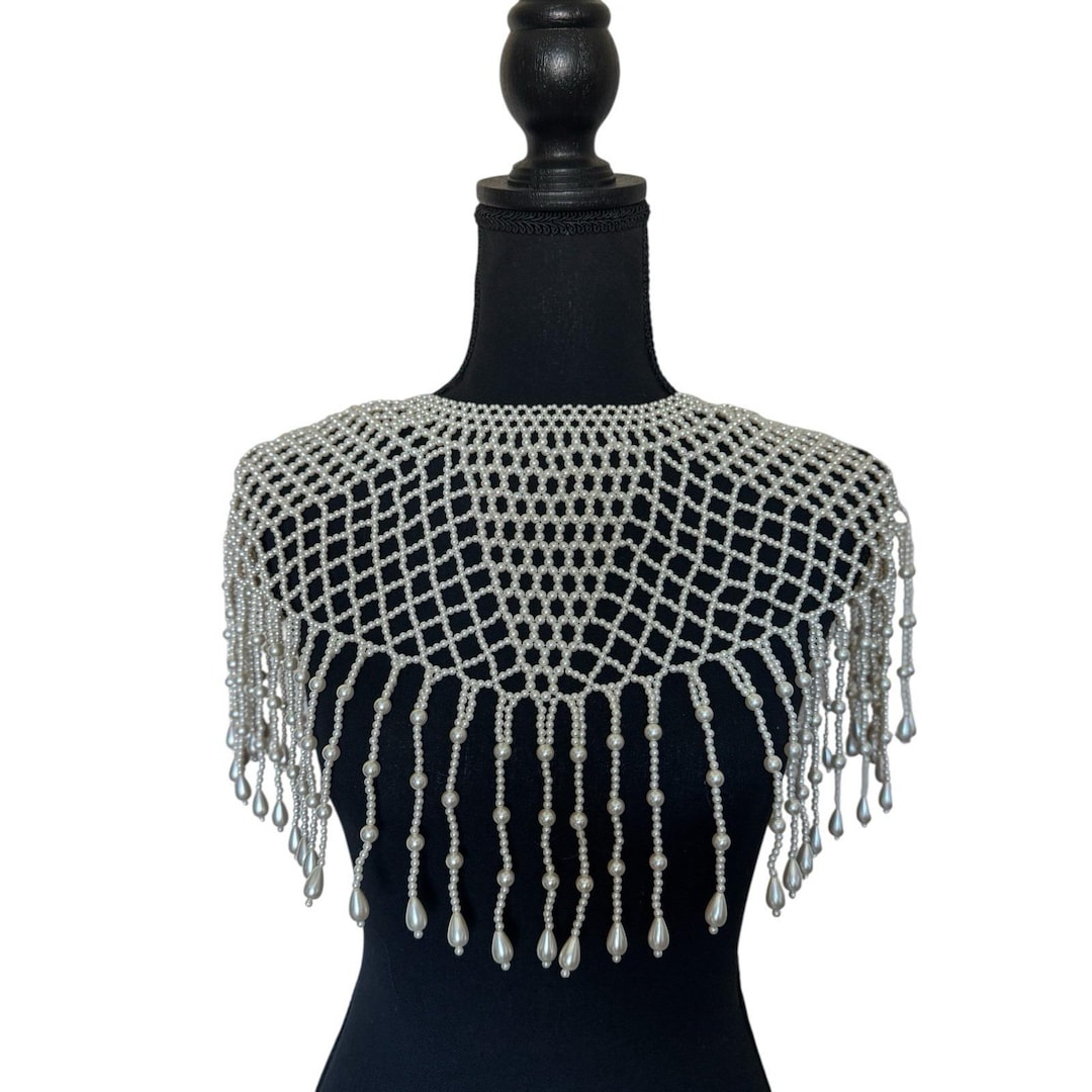 Vintage Caplet Bridal Faux Pearl Ivory Beaded Fringe Triangular Shawl ...