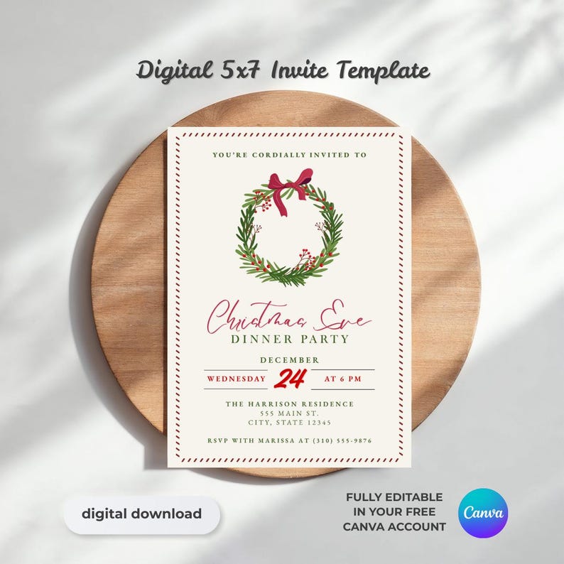 Editable Christmas Eve Dinner Canva Template Holiday Party Invitation