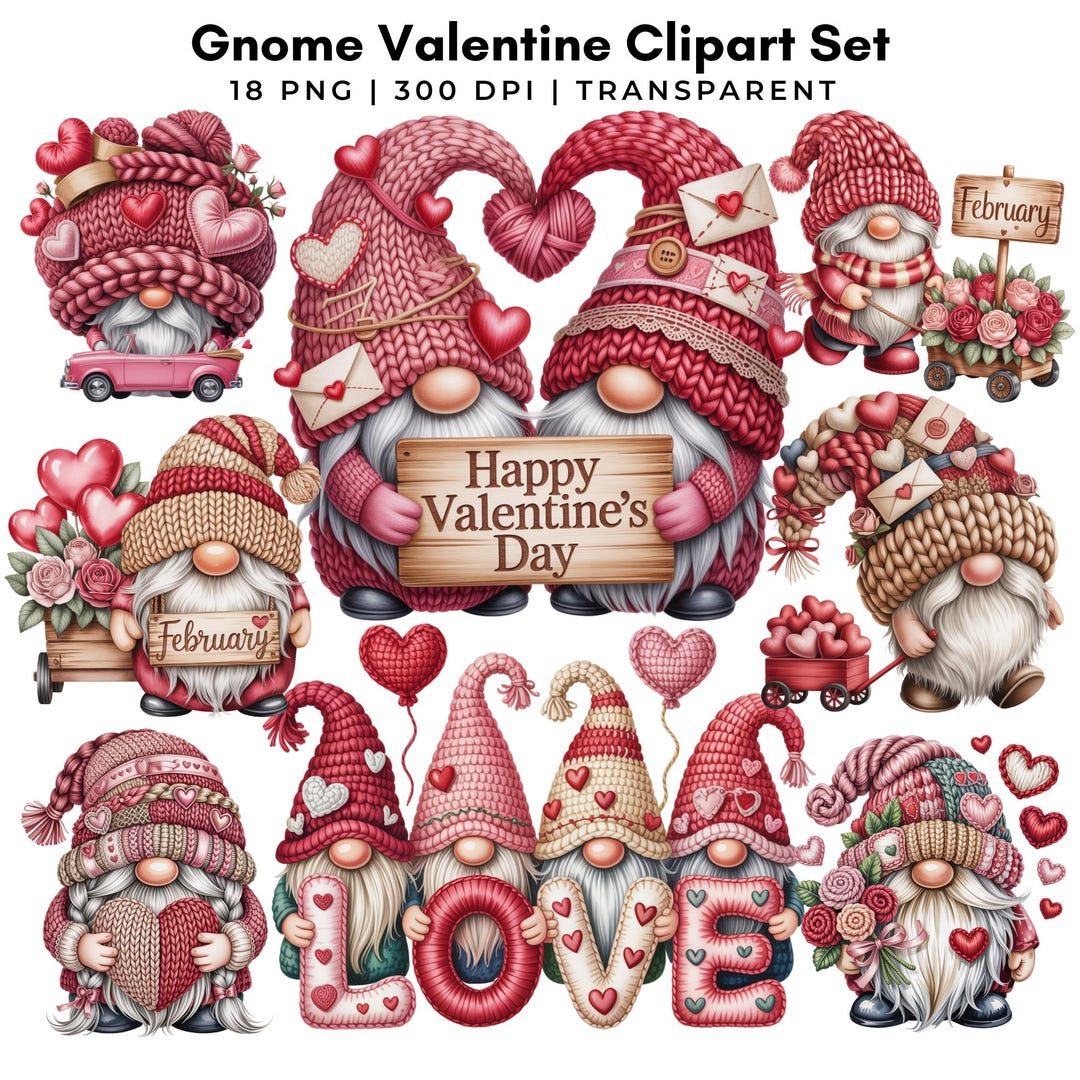 Gnome Valentine Clipart Set | February Love Gnomes 18 PNG | Planner ...