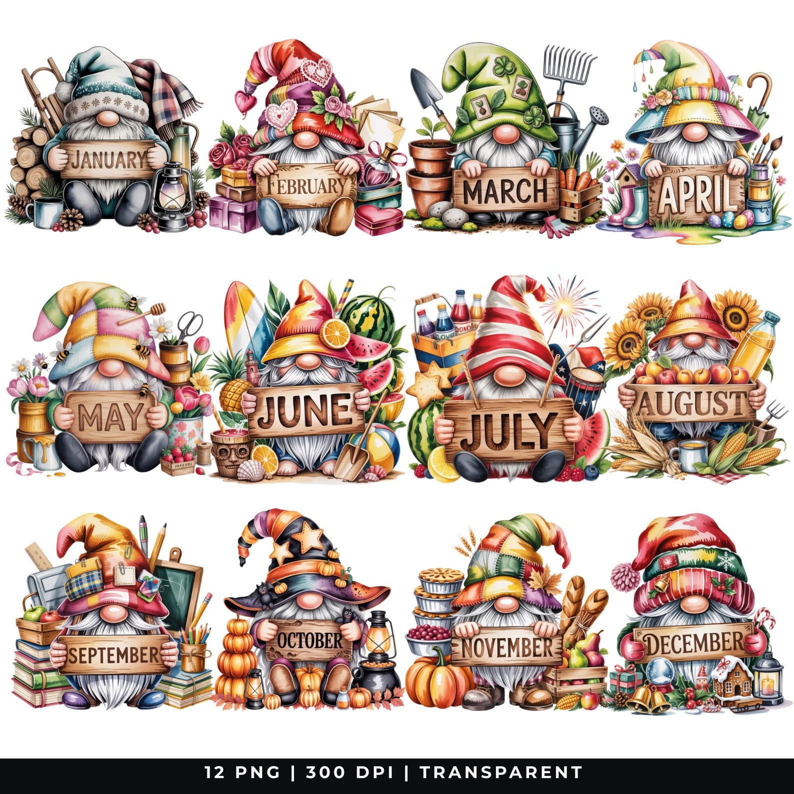 Gnome Calendar Clipart Bundle | Seasonal Gnomes 12 PNG | Printable ...