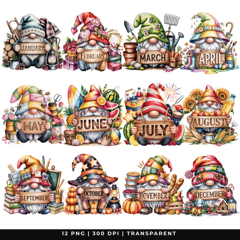 Gnome Calendar Clipart Bundle | Seasonal Gnomes 12 PNG | Printable ...
