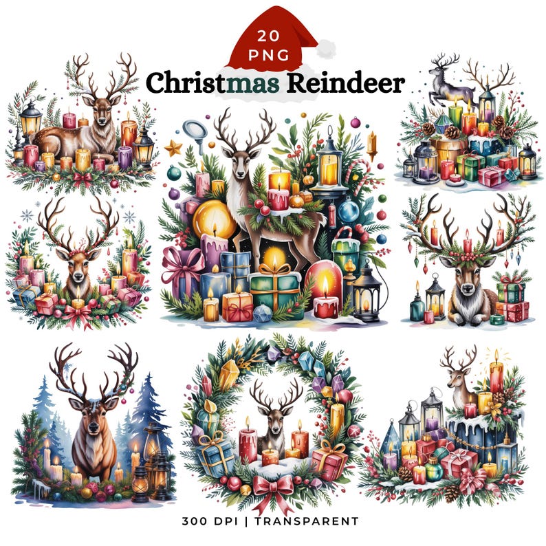 Watercolor Christmas Reindeer Clipart 20 PNG Bundle: Gothic Holiday ...