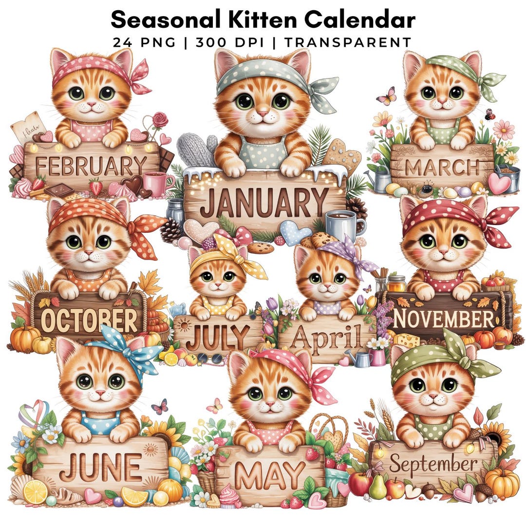 Seasonal Kitten Calendar Clipart 24 PNG | Monthly Cat Illustration ...