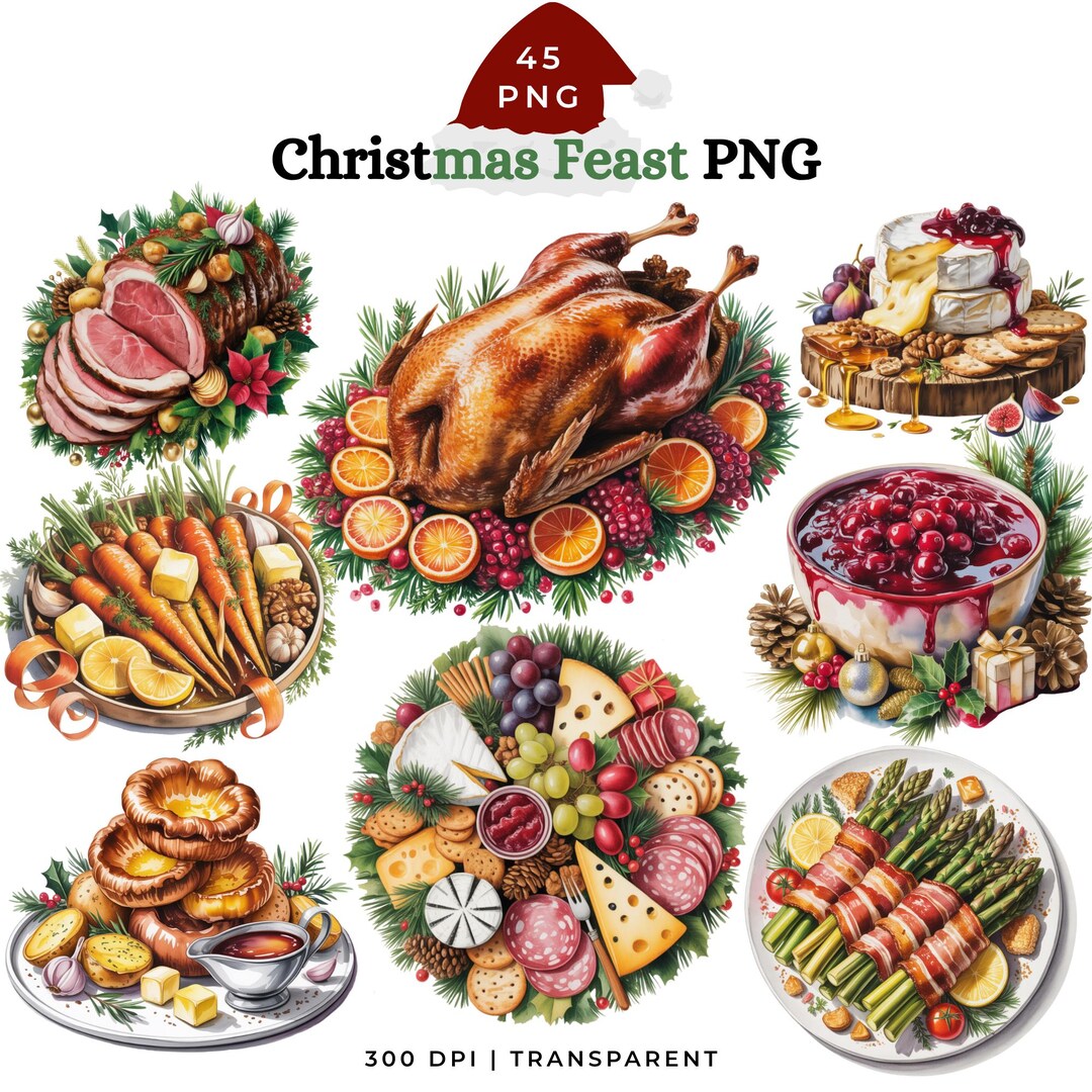 Christmas Feast Clipart | 45 Watercolor Food PNG | Holiday Dinner ...