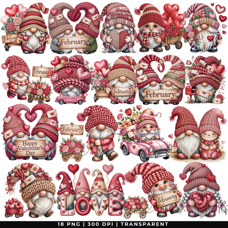 Gnome Valentine Clipart Set | February Love Gnomes 18 PNG | Planner ...