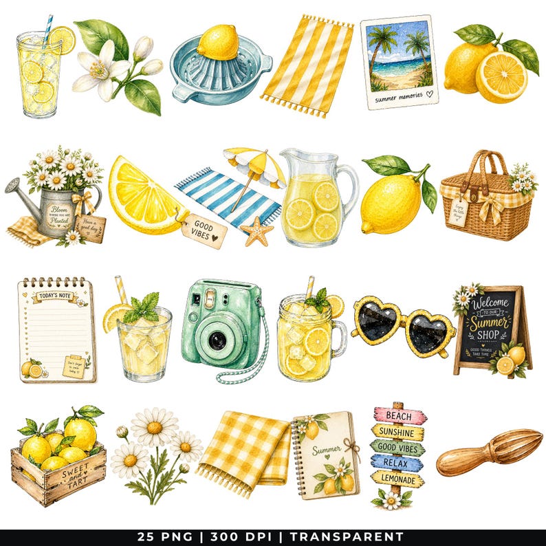 25 Summer Lemonade Clipart Bundle | Lemon Watercolor PNG | Beach Picnic ...