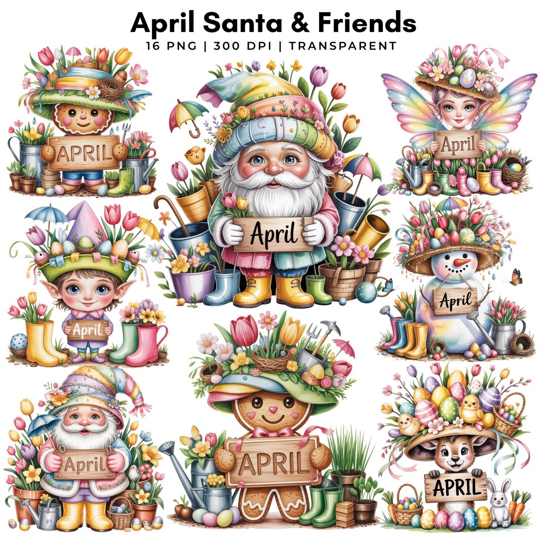 16 April Santa & Friends PNG | Rainy Season Characters | Planner ...