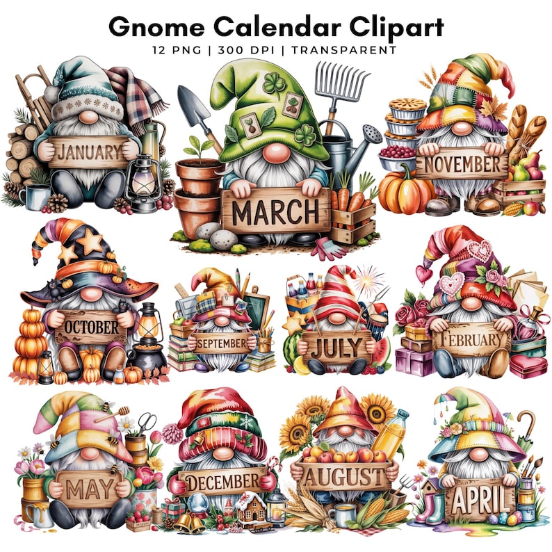 12 Gnome Calendar Clipart Bundle | Seasonal Gnomes PNG | Printable ...