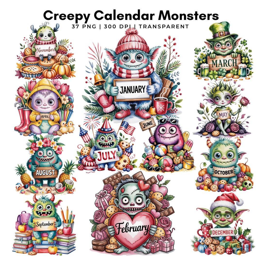 Creepy Calendar Monsters 37 PNG | Monthly Planner Stickers | Watercolor ...