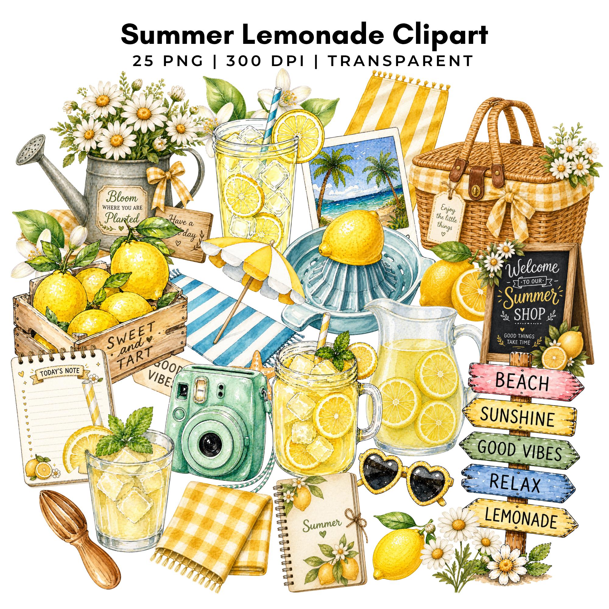 25 Summer Lemonade Clipart Bundle | Lemon Watercolor PNG | Beach Picnic ...