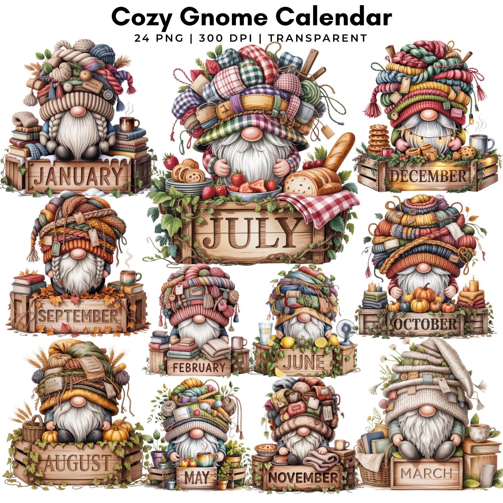 24 Cozy Gnome Monthly Calendar PNG | Digital Stickers | 12 Months ...