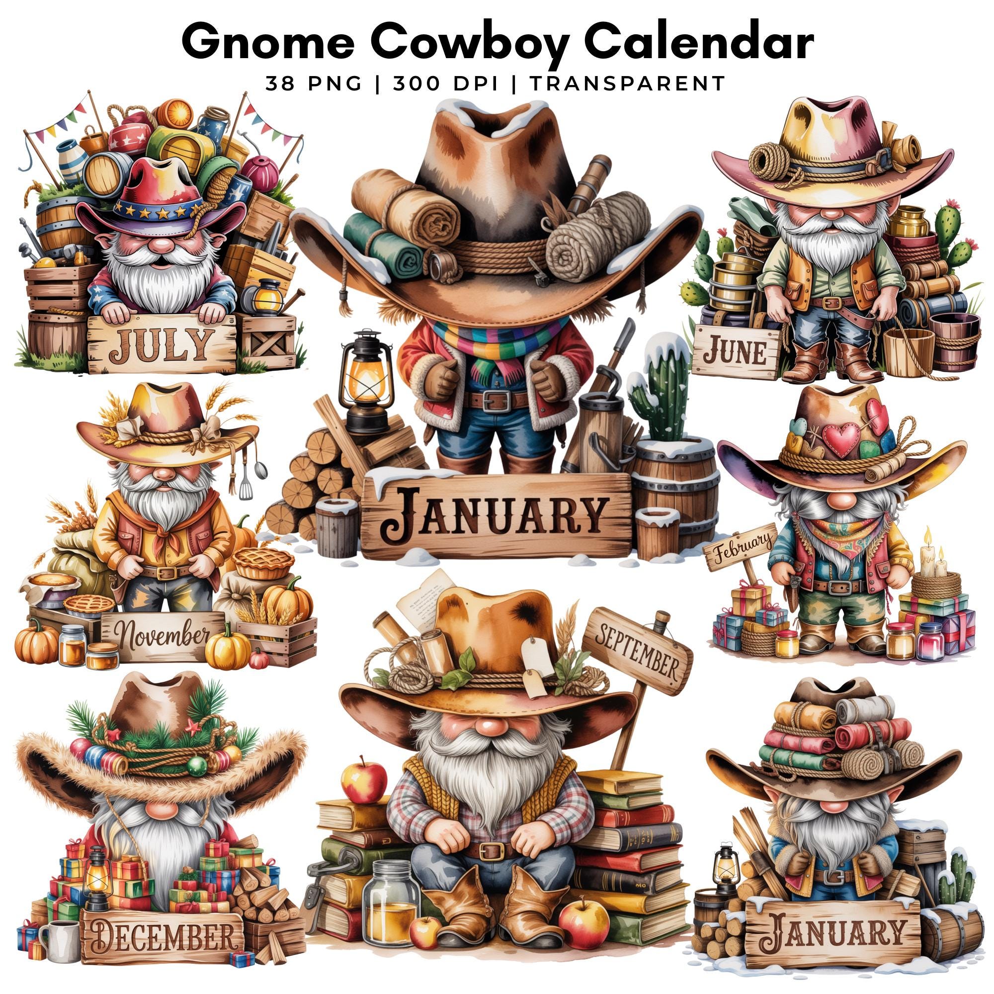 Cowboy Gnome Calendar Clipart | Western Monthly PNG (38 Files) - Etsy