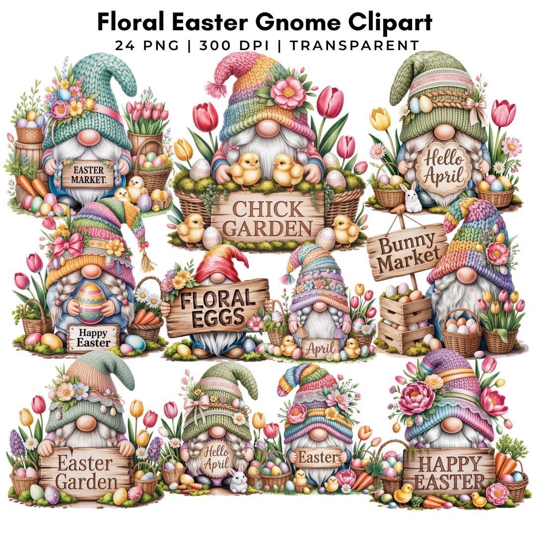 Floral Easter Gnome Clipart 24 PNG | Spring Gnomes | Bunny Easter ...