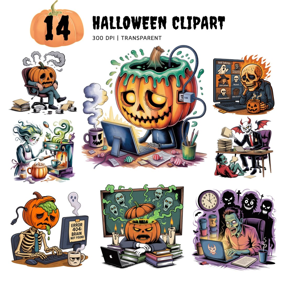 Halloween Office PNG Pack | Funny Exhausted Worker Skeleton & Pumpkin ...