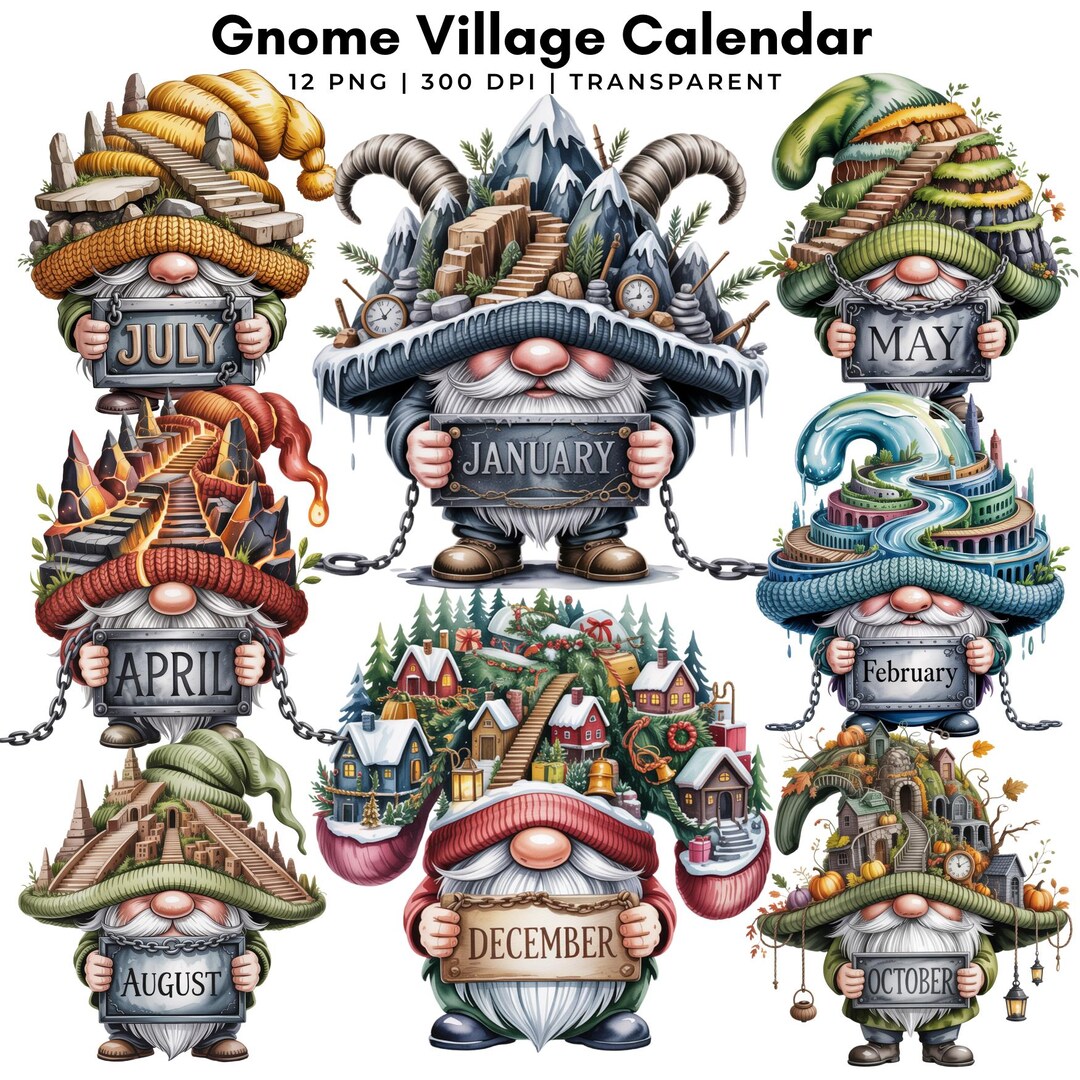Gnome Village Calendar Clipart Set | 12 Months Gnome Illustration | 300 ...