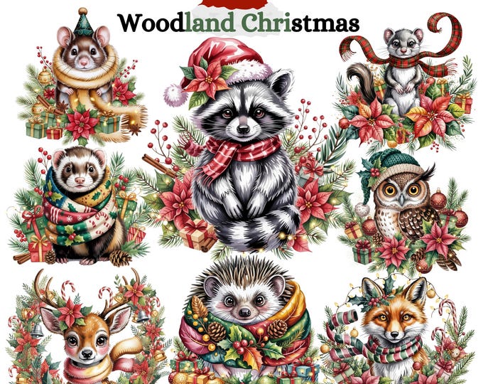 Christmas Animals Clipart PNG – 22 Cute Woodland Animals in Winter Hats ...