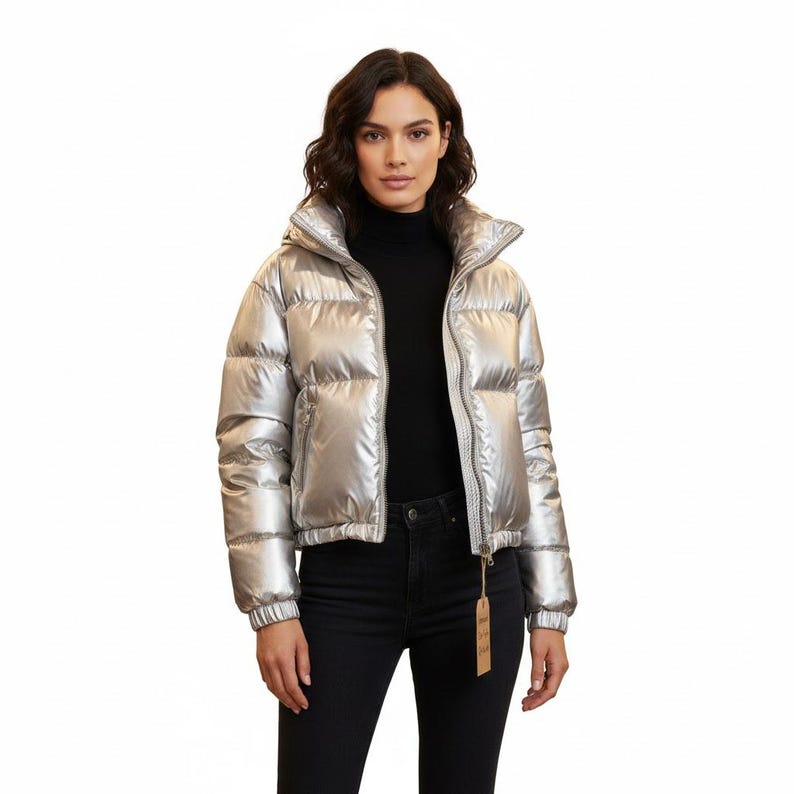 Buy Designer Silver Puffer Jacket – Metallic Glossy Cropped Bubble Coat ...