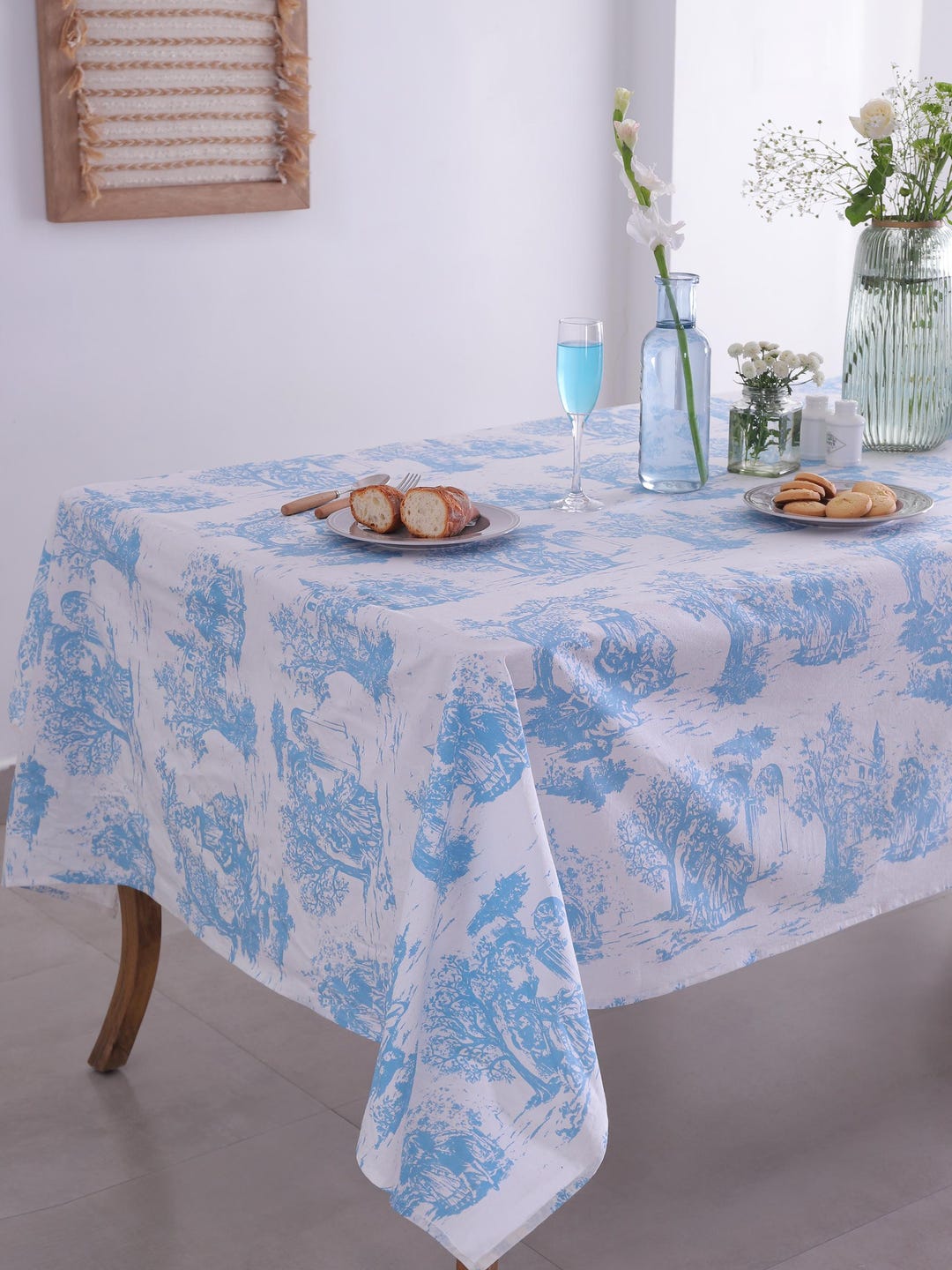 Blue Toile Tablecloth | French Farmhouse Cotton Linen Dining | Rustic ...