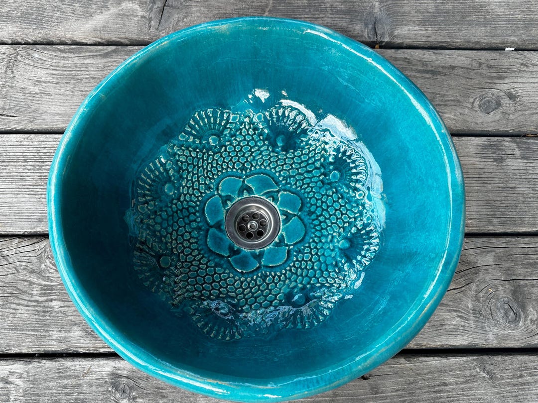 UM8 Turquoise Sink With Lace, Round Overtop Washbasin, Handmade Ceramic ...