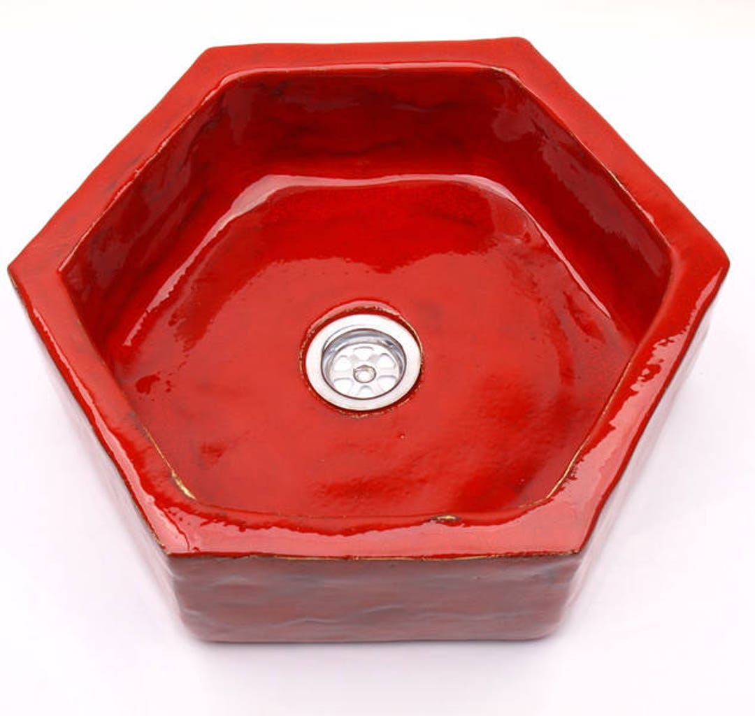 UM56 Hexagon Red Sink, Unique Overtop Washbasin, Handmade Ceramic ...