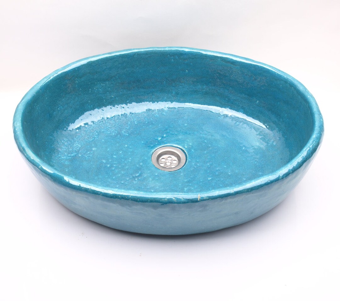 UM33 Navy Blue Light Sink, Oval Overtop Washbasin, Handmade Ceramic ...