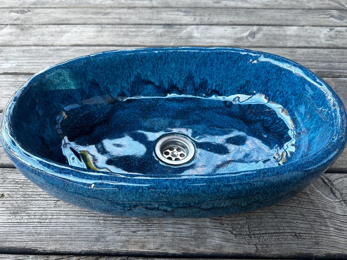UM53 Aqua Blue Oval Sink, Overtop Washbasin, Handmade Ceramic Washstand ...